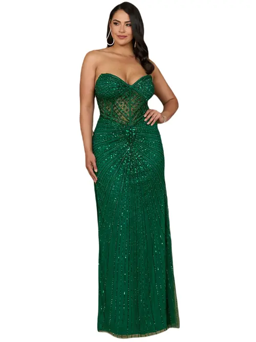 LARA NEW YORK Embellished Strapless Gown With Slit - Emerald