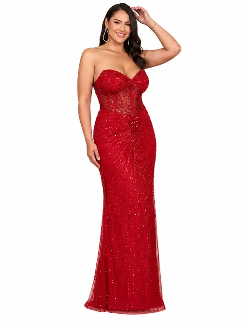 LARA NEW YORK Embellished Strapless Gown With Slit - Red