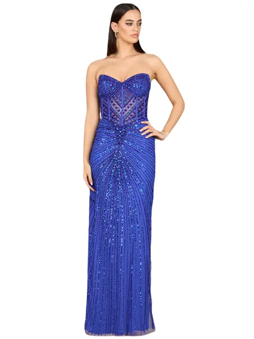 LARA NEW YORK Embellished Strapless Gown With Slit - Sapphire
