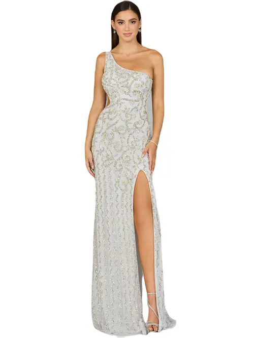 LARA NEW YORK One-shoulder Beaded Gown With Slit - Silver
