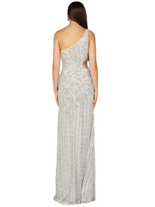LARA NEW YORK One-shoulder Beaded Gown With Slit - Silver