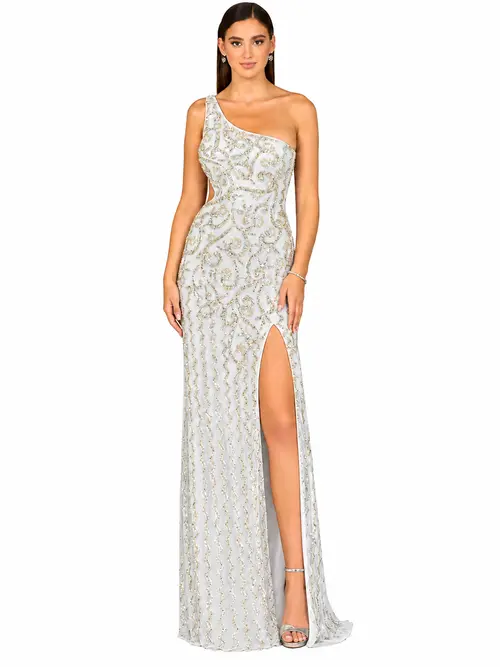 LARA NEW YORK One-shoulder Beaded Gown With Slit - Silver