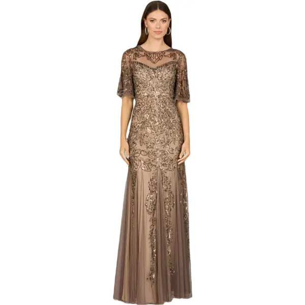 LARA NEW YORK Short Sleeve Beaded Sheath Gown - Bronze