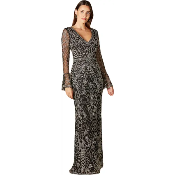 LARA NEW YORK Long Bell Sleeve V-neck Beaded Gown - Black/silver