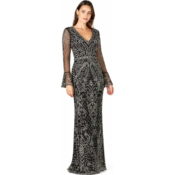 LARA NEW YORK Long Bell Sleeve V-neck Beaded Gown - Black/silver