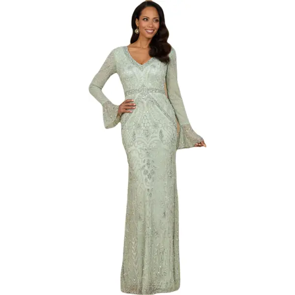 LARA NEW YORK Long Bell Sleeve V-neck Beaded Gown - Blush