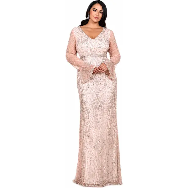 LARA NEW YORK Long Bell Sleeve V-neck Beaded Gown - Blush