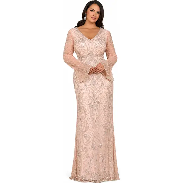 LARA NEW YORK Long Bell Sleeve V-neck Beaded Gown - Blush