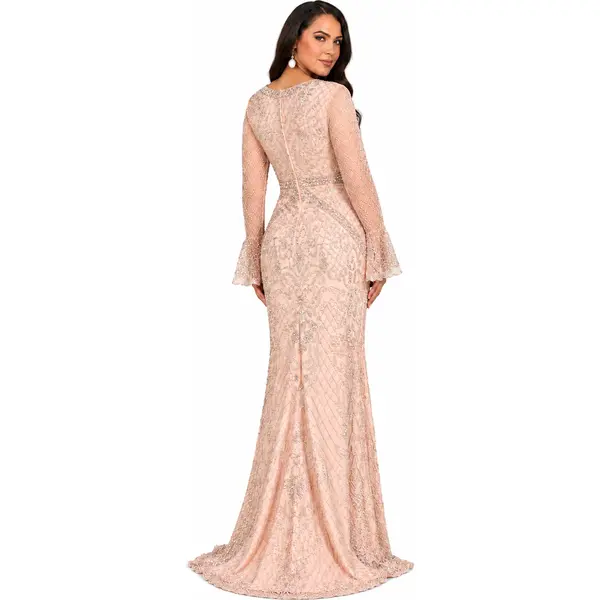LARA NEW YORK Long Bell Sleeve V-neck Beaded Gown - Blush