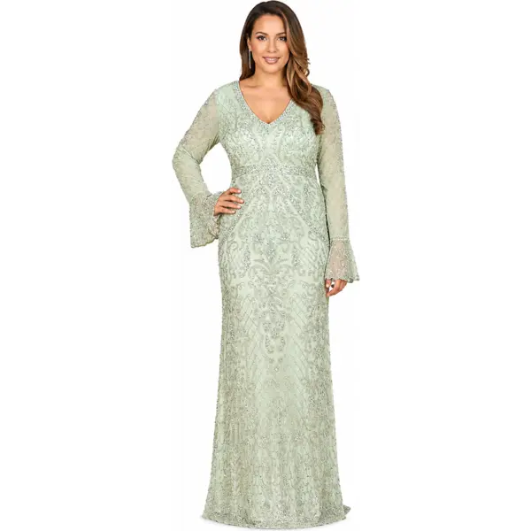 LARA NEW YORK Long Bell Sleeve V-neck Beaded Gown - Mint