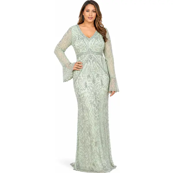 LARA NEW YORK Long Bell Sleeve V-neck Beaded Gown - Mint