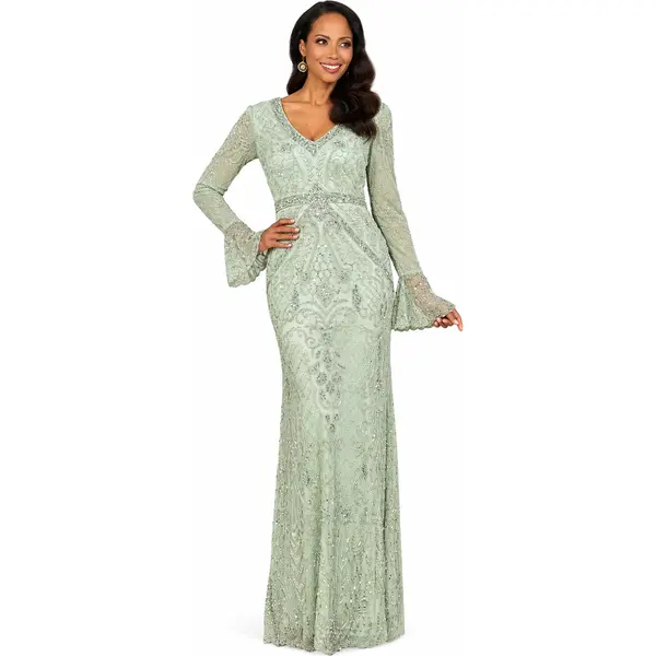LARA NEW YORK Long Bell Sleeve V-neck Beaded Gown - Mint