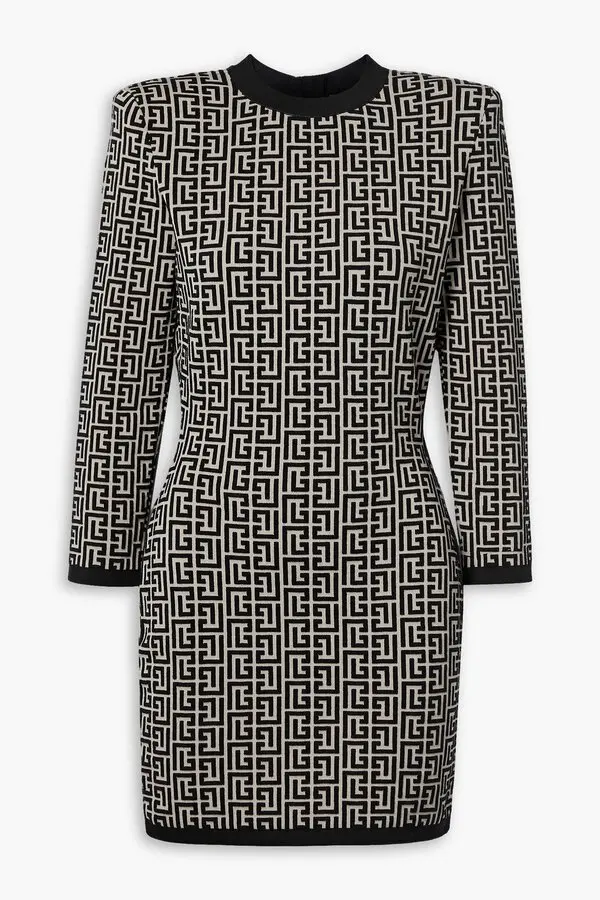Balmain Monogram Jacquard Wool-blend Mini Dress - Beige