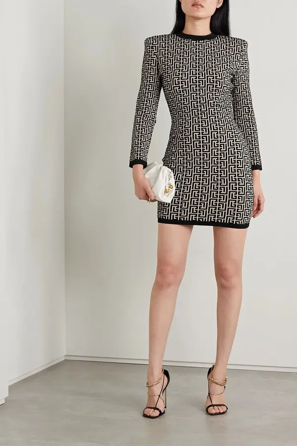 Balmain Monogram Jacquard Wool-blend Mini Dress - Beige