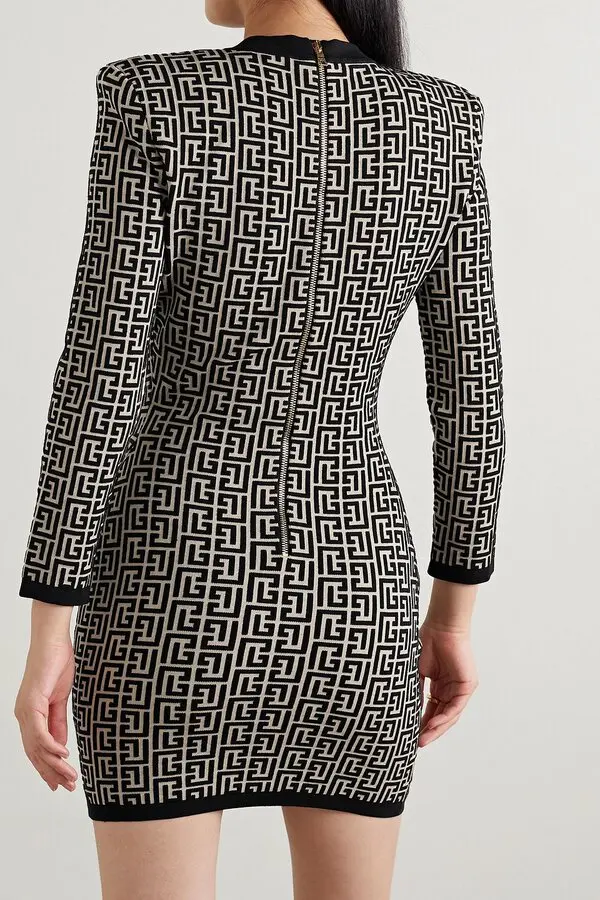 Balmain Monogram Jacquard Wool-blend Mini Dress - Beige