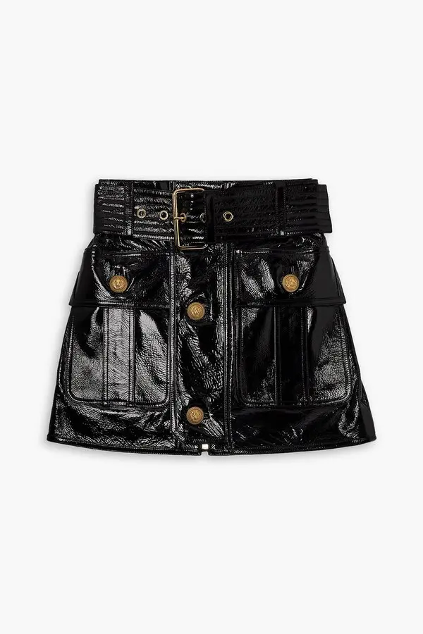 Balmain Crinkled Patent-leather Mini Skirt With Belt