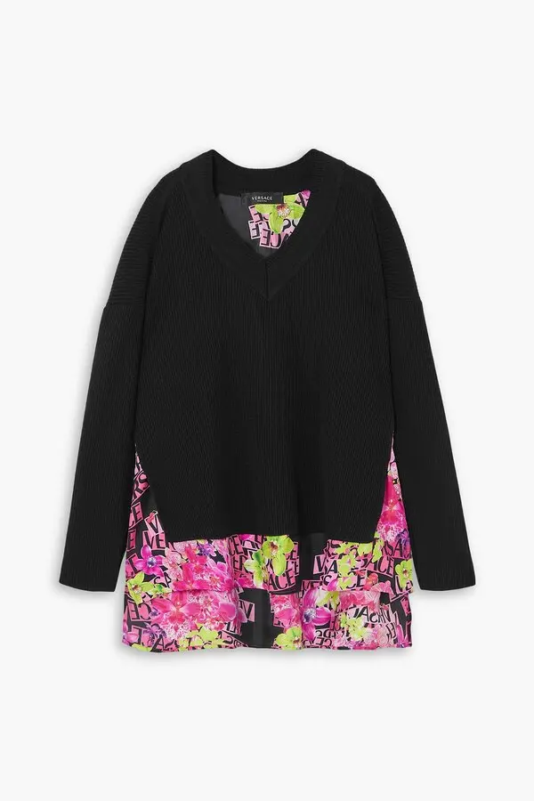 Versace Ribbed Wool Sweater With Printed Silk Trim - Black