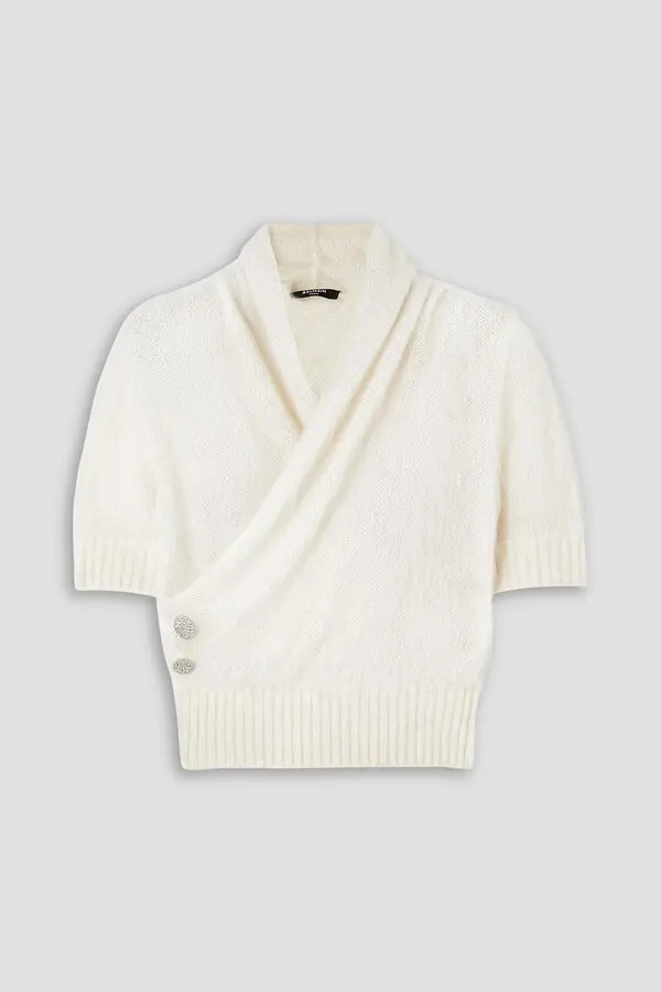 Balmain Draped Crystal-embellished Mohair-blend Cropped Sweater