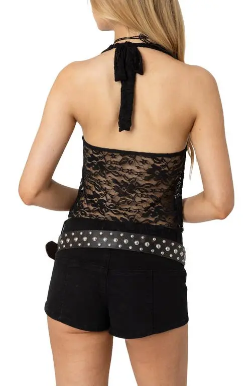 EDIKTED Tia Sheer Lace Crop Halter Top - Black