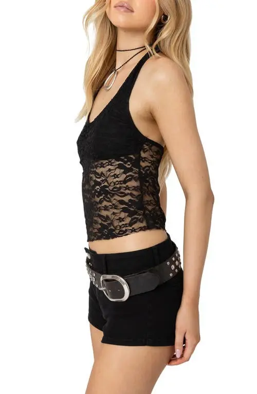 EDIKTED Tia Sheer Lace Crop Halter Top - Black
