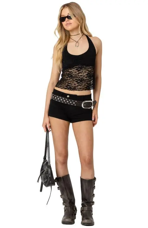 EDIKTED Tia Sheer Lace Crop Halter Top - Black