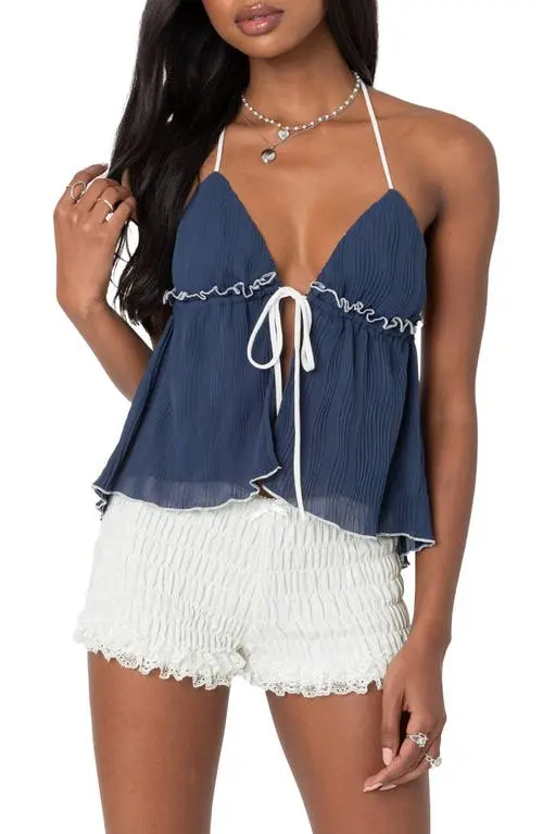 EDIKTED Pleated Split Front Halter Top - Navy