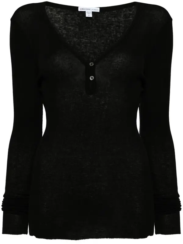 JAMES PERSE V-neck Ribbed Knit Long Sleeve Top