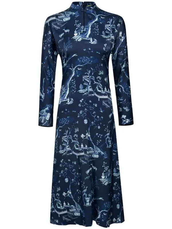 Shanghai Tang Long-sleeve Silk Midi Dress