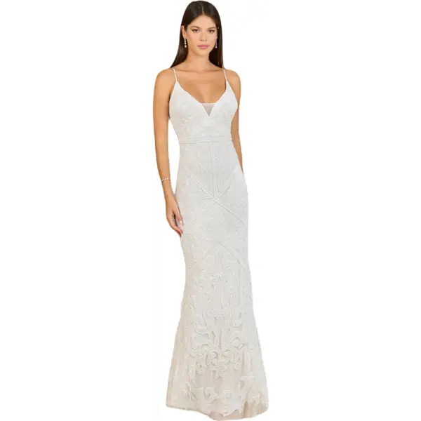 LARA NEW YORK Beaded Spaghetti Strap Gown
