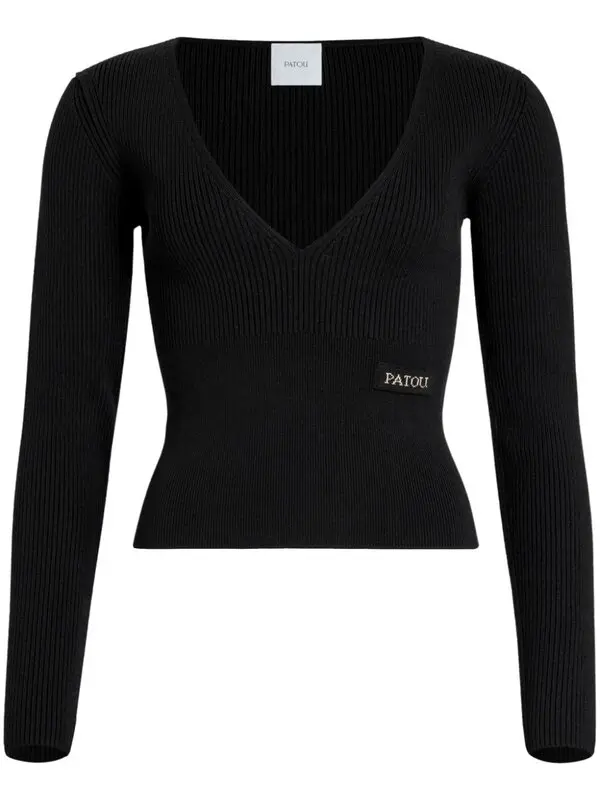 PATOU V-neck Ribbed Knit Sweater - Black