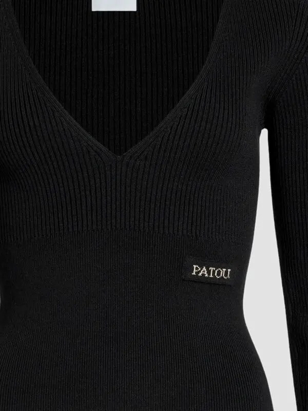 PATOU V-neck Ribbed Knit Sweater - Black