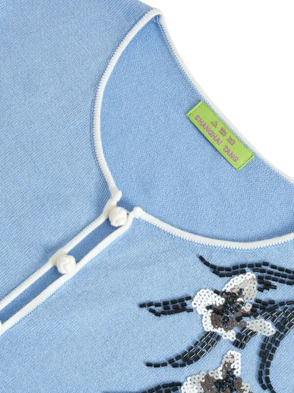 Shanghai Tang Embroidered Wool-silk Blend Cardigan - Blue