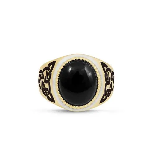 LUVMYJEWELRY Black Onyx Signet Ring In Sterling Silver With Enamel - 14kt Gold Vermeil On Sterling