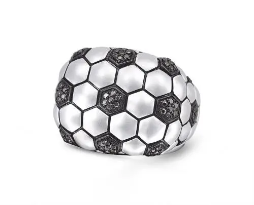 LUVMYJEWELRY Soccer Football Black Diamond Statement Ring - Silver