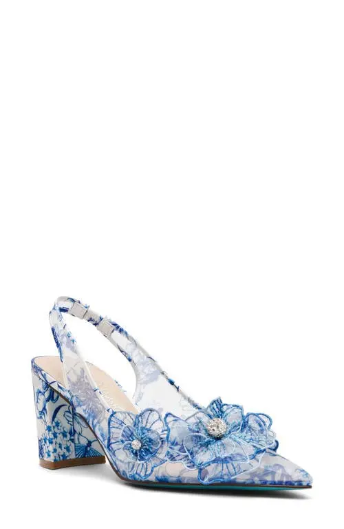 Betsey Johnson Petra Embellished Slingback Pumps - White/blue Floral