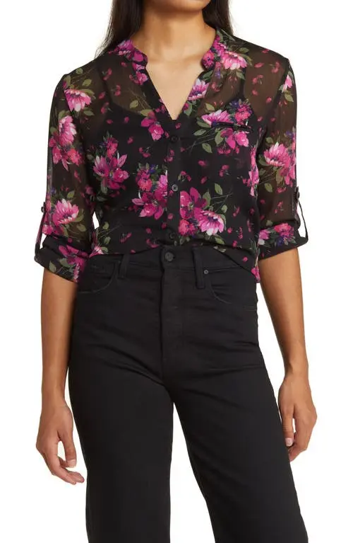 Kut From The Kloth Jasmine Chiffon Button-up Shirt - Chelles Bouquet Black Purple