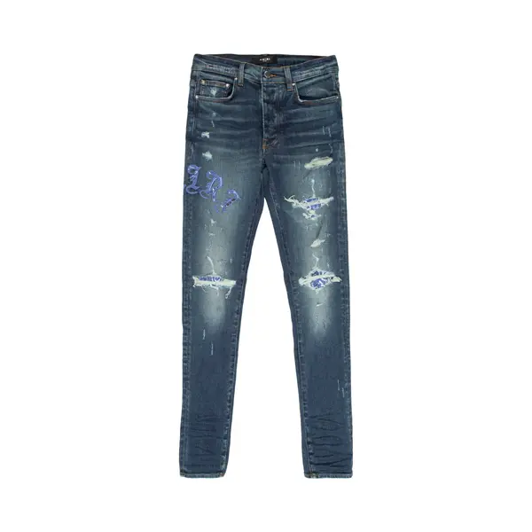 Amiri Skinny Old English Logo Jeans Blue Editorialist