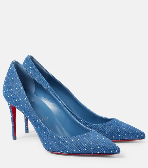 CHRISTIAN LOUBOUTIN Kate 85 Embellished Denim Pumps - Blue