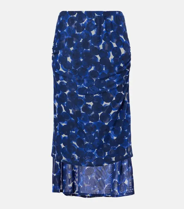 Dries Van Noten Printed Gathered Jersey Midi Skirt - Blue