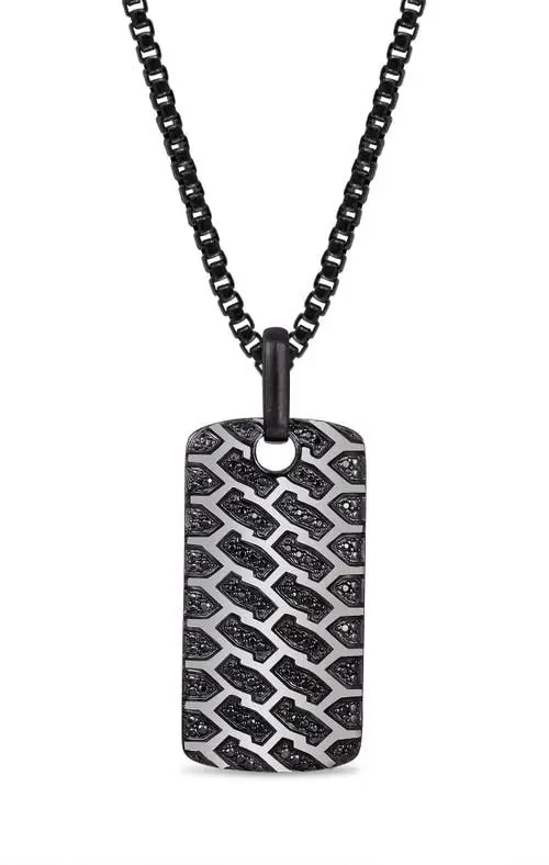 LUVMYJEWELRY Fast Track Silver & Black Diamond Tag Necklace - Dark Grey