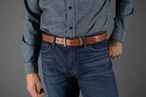 Trafalgar Watson Houndstooth Embossed Leather Belt - Cognac