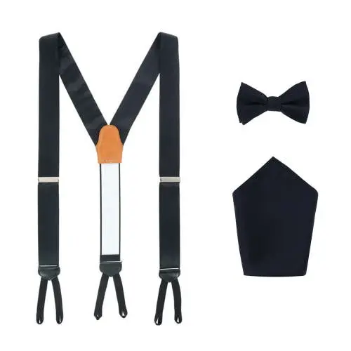 Trafalgar Sutton Silk Bow Tie, Braces, And Pocket Square Set - Black