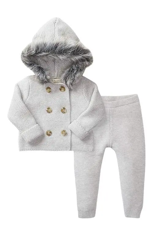 HOPE & HENRY Baby Faux Fur Trimmed Sweater Set - Gray With Gray Faux Fur