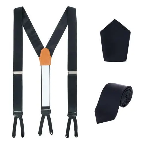 Trafalgar Sutton Silk Set With Braces, Necktie And Pocket Square - Black