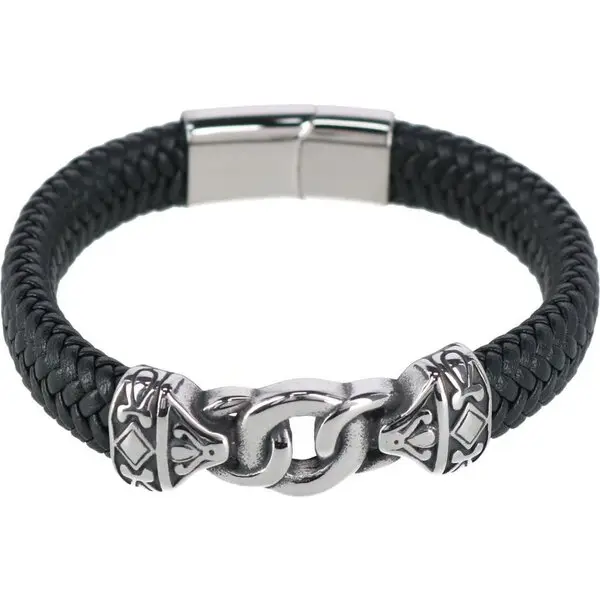 Trafalgar Leather Bracelet With Silver Interlock Pattern - Black