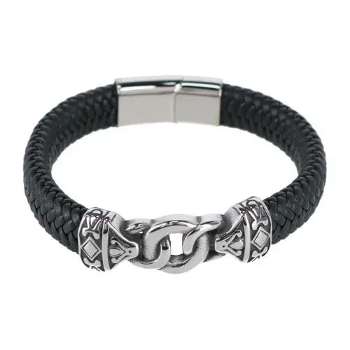 Trafalgar Silver Interlock Pattern On Leather Bracelet - Black
