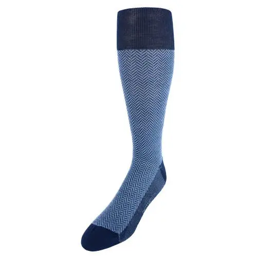 Trafalgar Hunter Merino Wool Herringbone Mid-calf Socks - Navy With Light Blue