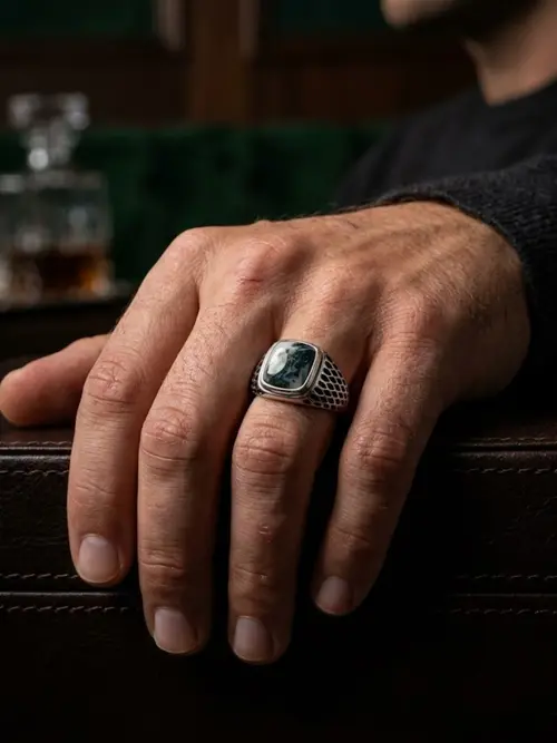 LUVMYJEWELRY Tree Agate Signet Ring - Silver