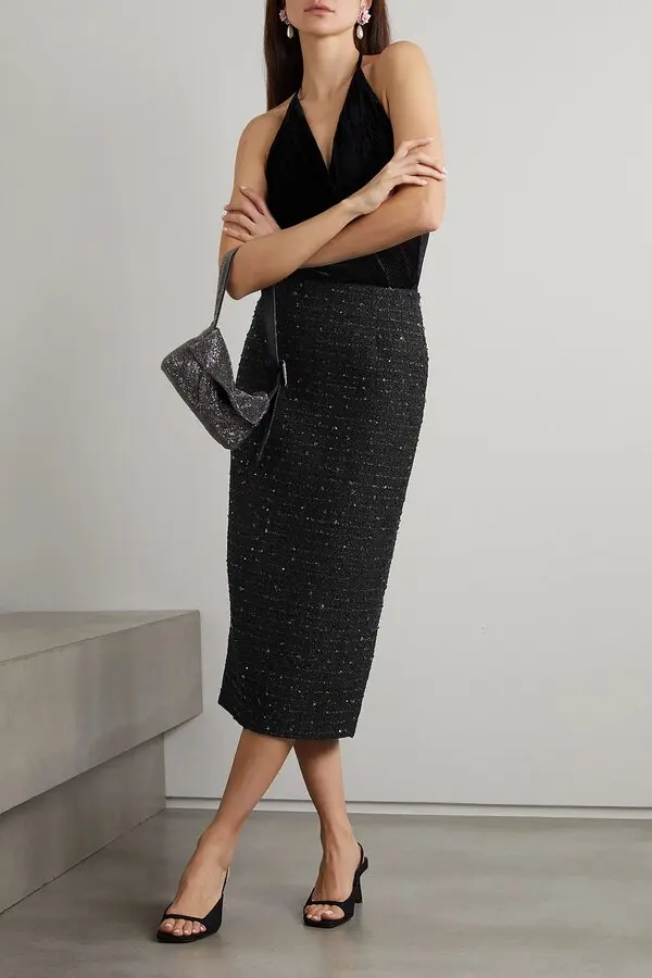 Alessandra Rich Sequined Metallic Bouclé Midi Skirt