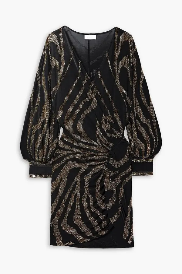 Camilla Ruched Wrapeffect Crystalembellished Stretchjersey Mini Dress